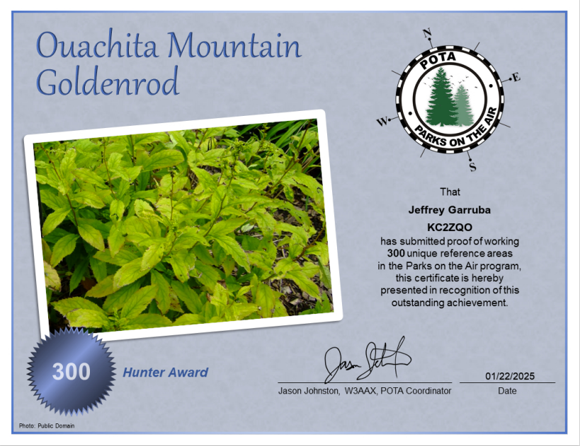 Award – POTA 300 Unique Parks – KC2ZQO